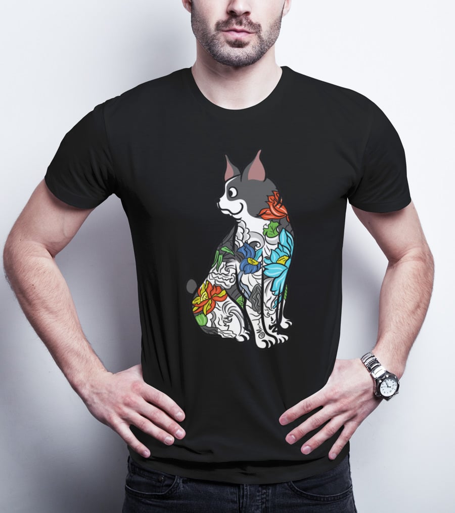 Boston Terrier With Colorful Floral Tattoo T-Shirt