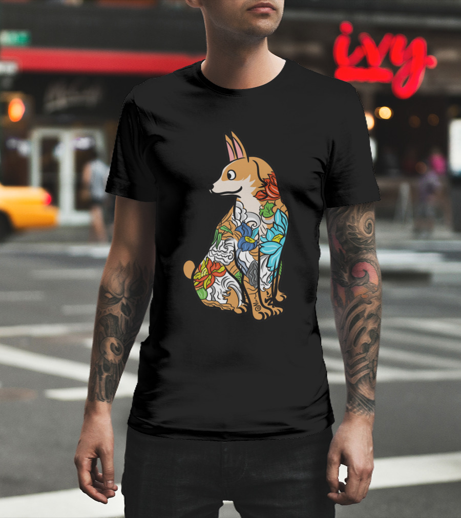 Corgi With Colorful Floral Tattoo T-Shirt