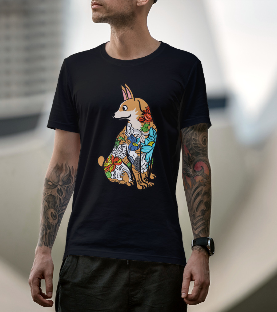 Corgi With Colorful Floral Tattoo T-Shirt