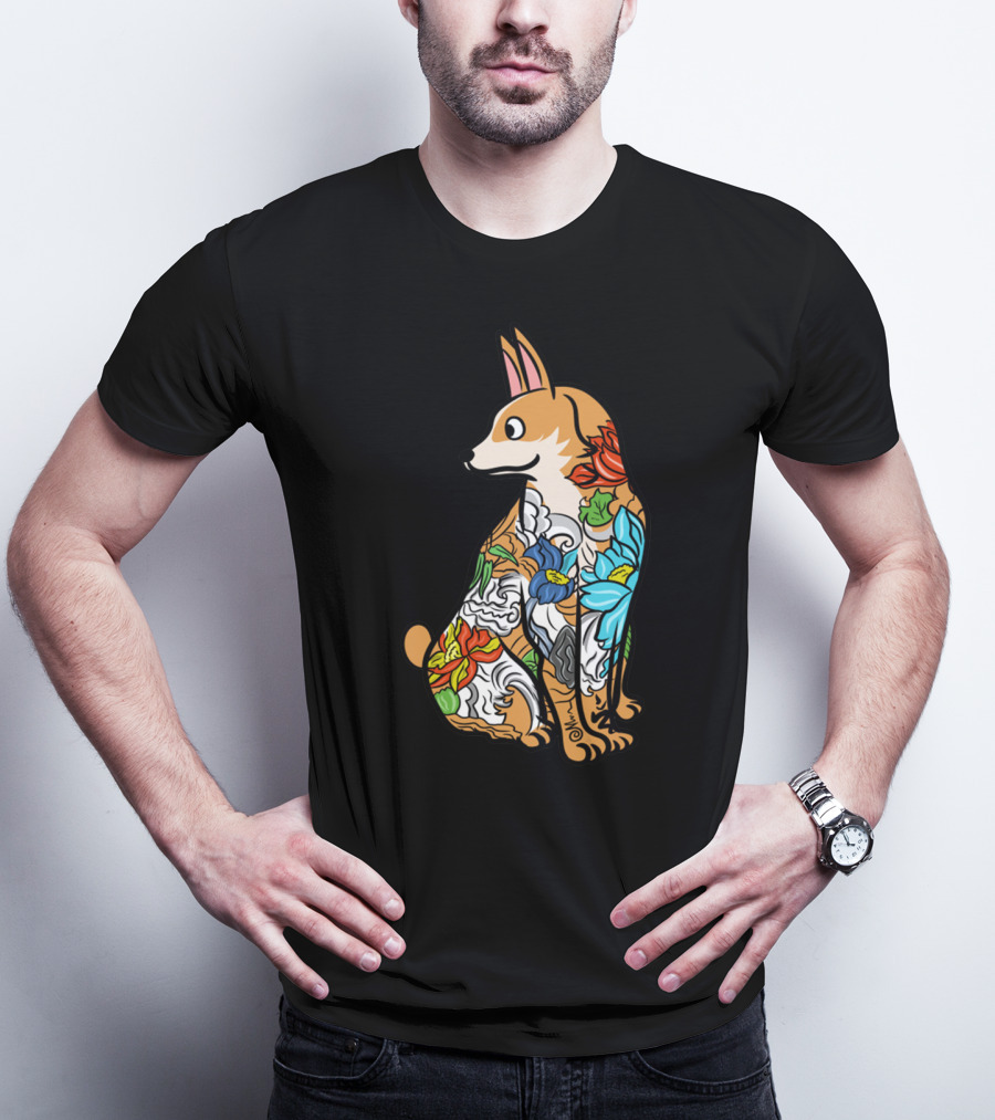 Corgi With Colorful Floral Tattoo T-Shirt