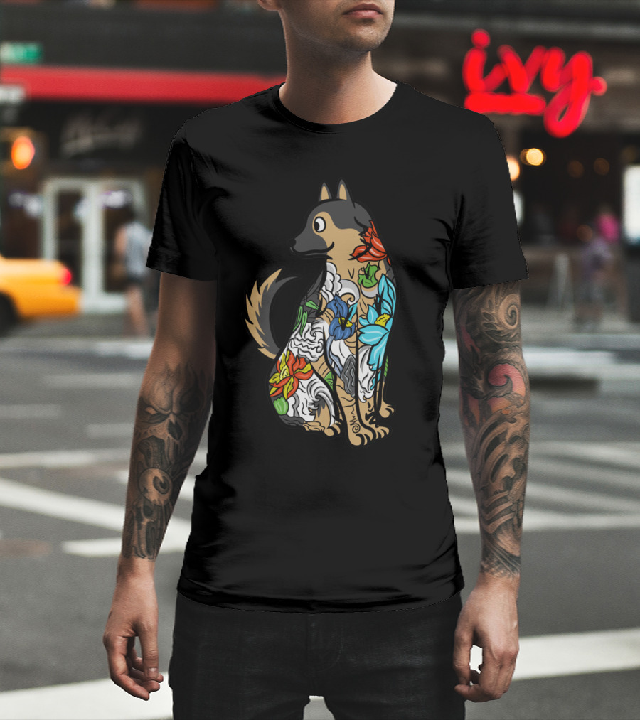 German Shepherd Vibrant Floral Tattoo T-Shirt
