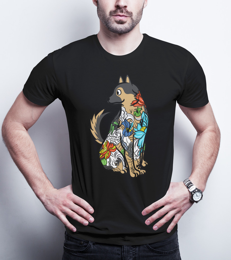 German Shepherd Vibrant Floral Tattoo T-Shirt