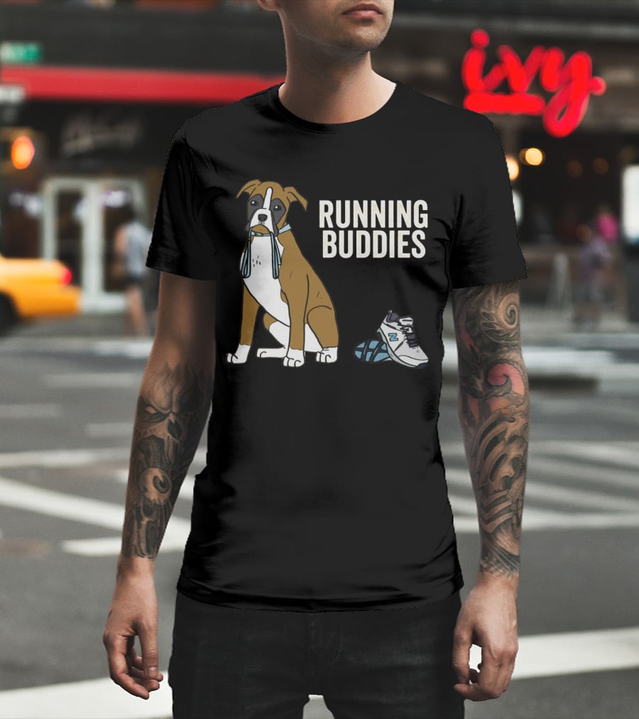 Boxer With Shoe And Running Buddies Text T-Shirt