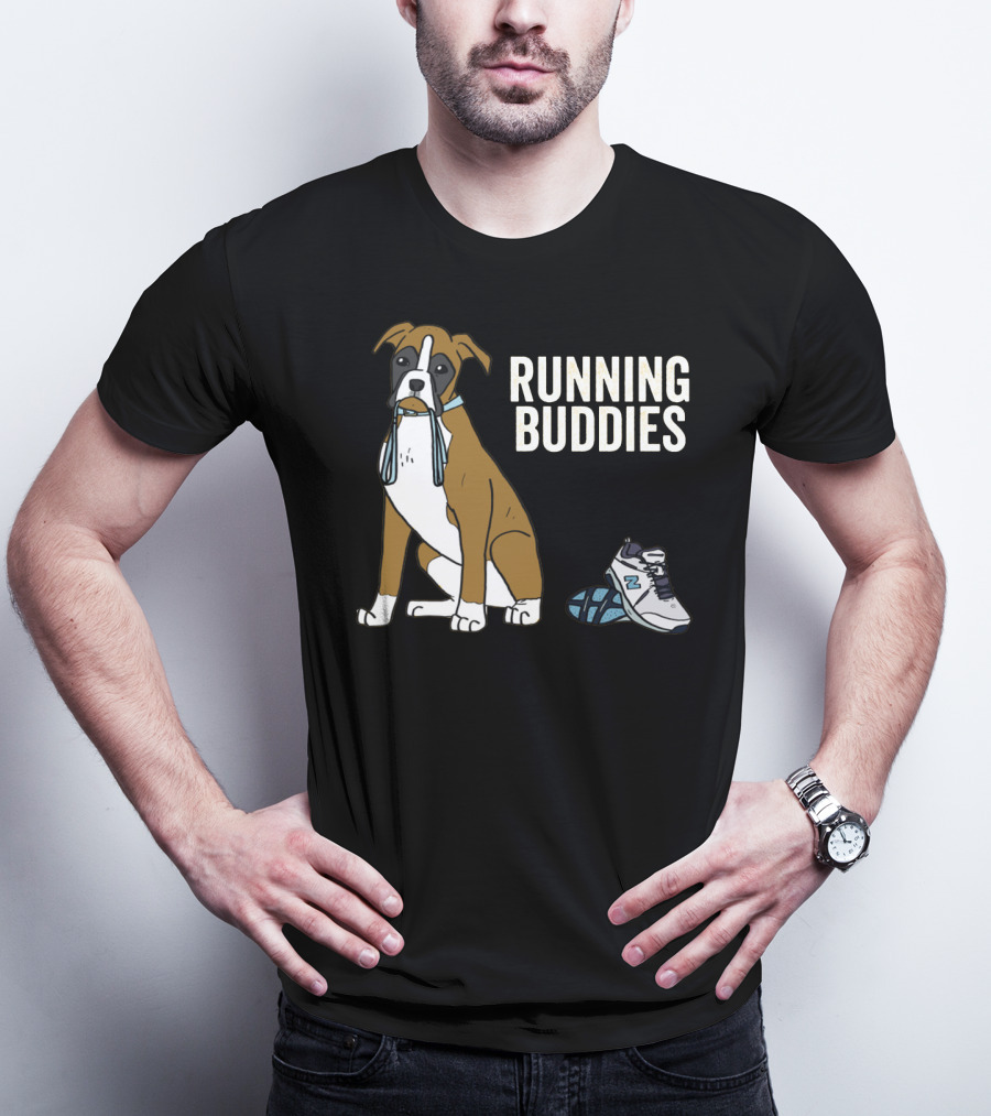 Boxer With Shoe And Running Buddies Text T-Shirt