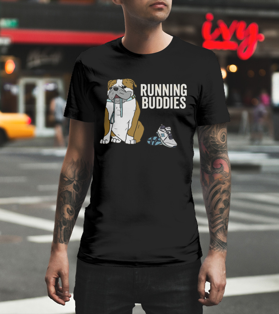 Bulldog And Sneakers Running Buddies With Leash And Shoe Companion T-Shirt