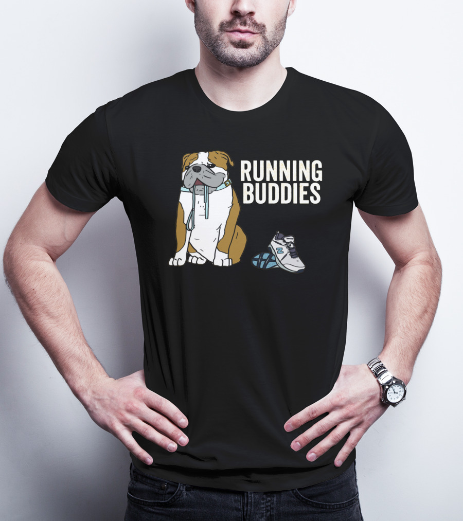 Bulldog And Sneakers Running Buddies With Leash And Shoe Companion T-Shirt
