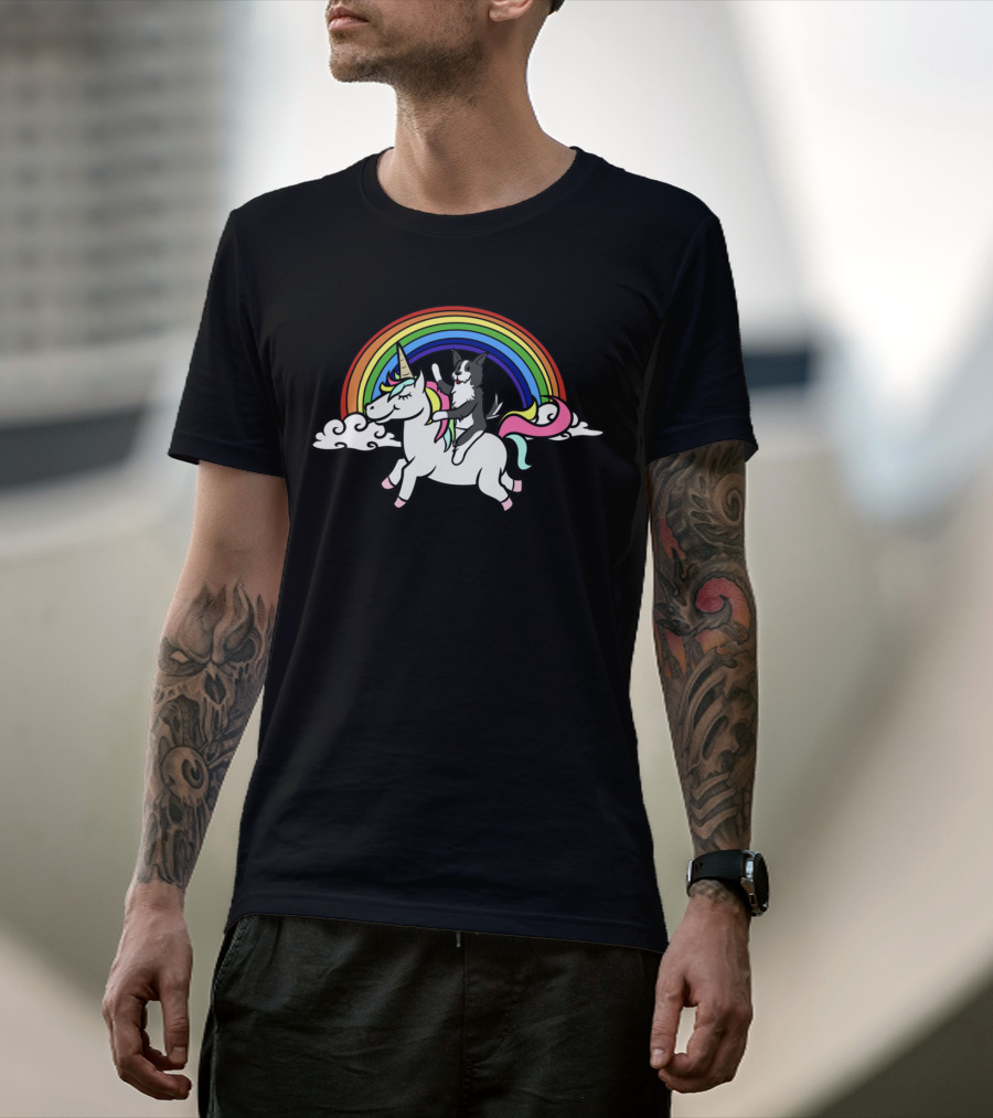 Border Collie Riding Unicorn With Colorful Rainbow T-Shirt
