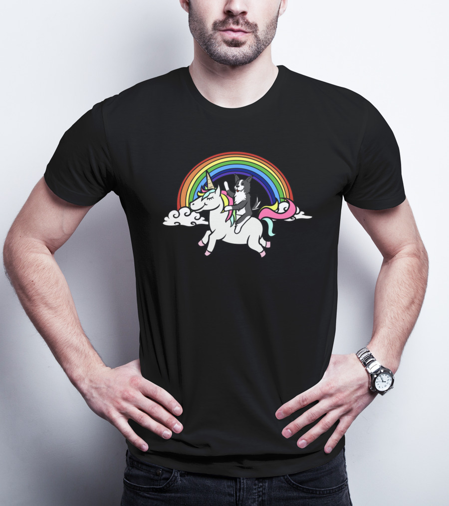 Border Collie Riding Unicorn With Colorful Rainbow T-Shirt