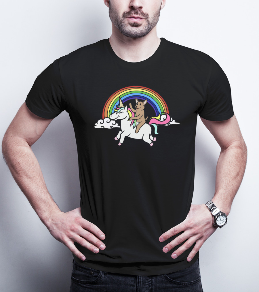 Chihuahua Joyfully Riding Unicorn Under Vibrant Rainbow T-Shirt