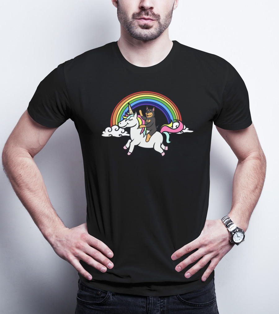 Doberman Riding Unicorn With Rainbow In Clouds T-Shirt