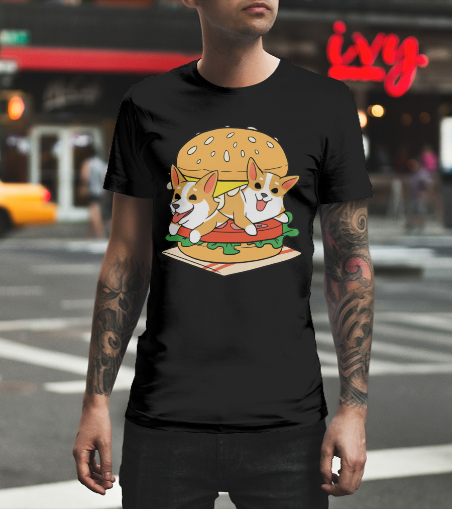 Corgi Burger Delight Double Pup Cheeseburger Fun T-Shirt