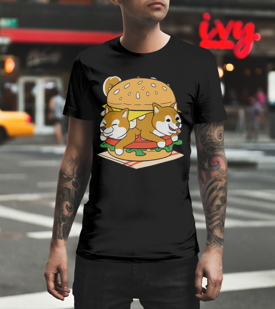 Shiba Inu Hamburger Parody With Cute Dog Duo Inside Cheeseburger Bun T-Shirt