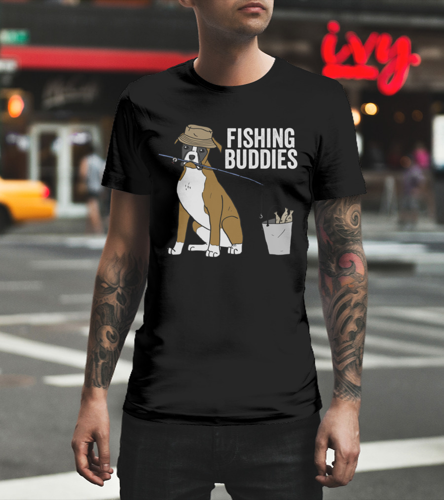 Boxer Dog Fishing Buddies Cartoon With Hat And Fishing Rod T-Shirt
