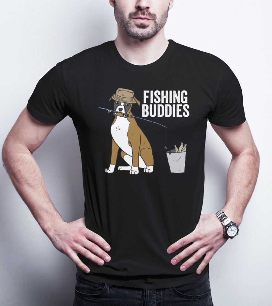 Boxer Dog Fishing Buddies Cartoon With Hat And Fishing Rod T-Shirt