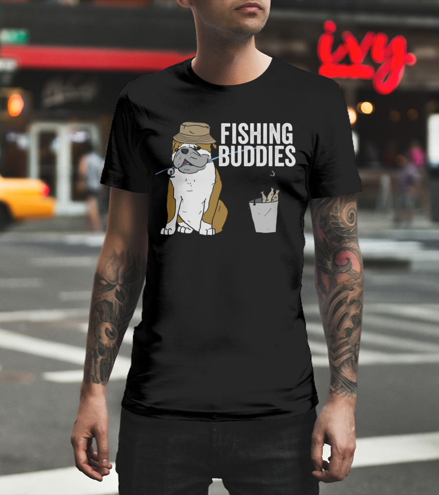 Bulldog Wearing Hat With Fishing Hook And Bucket - Fun Fishing Buddies T-Shirt