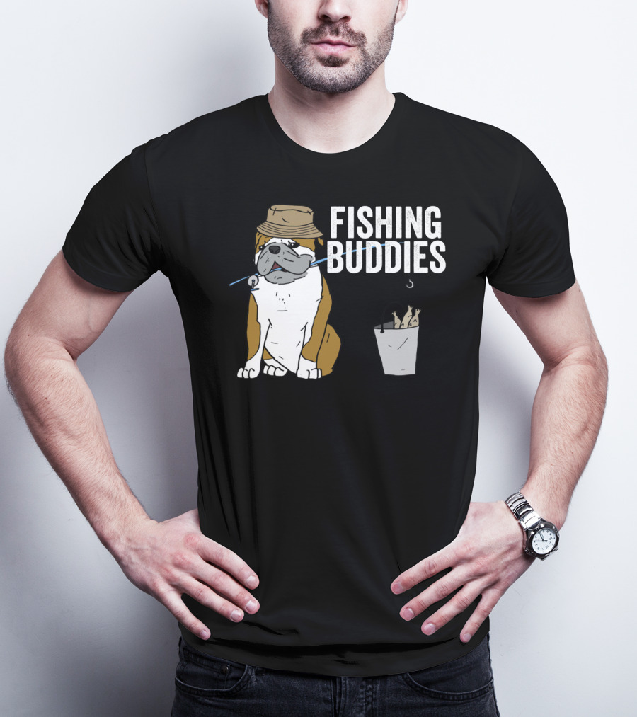 Bulldog Wearing Hat With Fishing Hook And Bucket - Fun Fishing Buddies T-Shirt