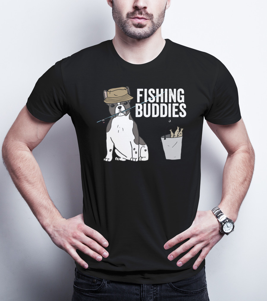 French Bulldog Fishing Buddies With Hat And Fish Bucket T-Shirt