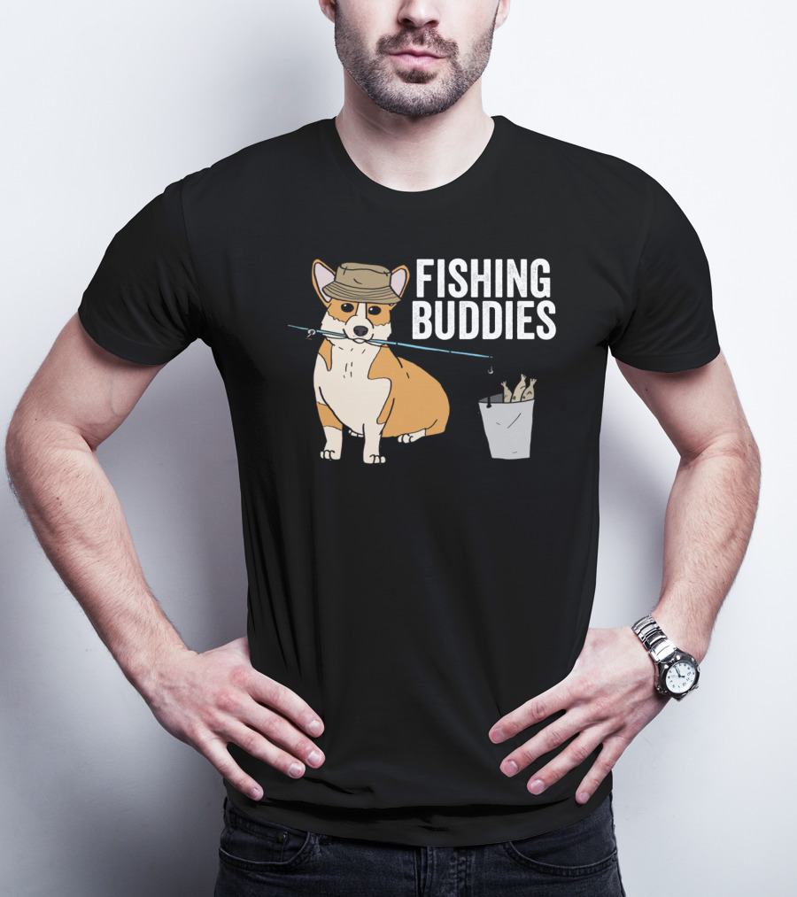 Fishing Buddies Corgi With Fishing Rod And Bucket Of Fish T-Shirt