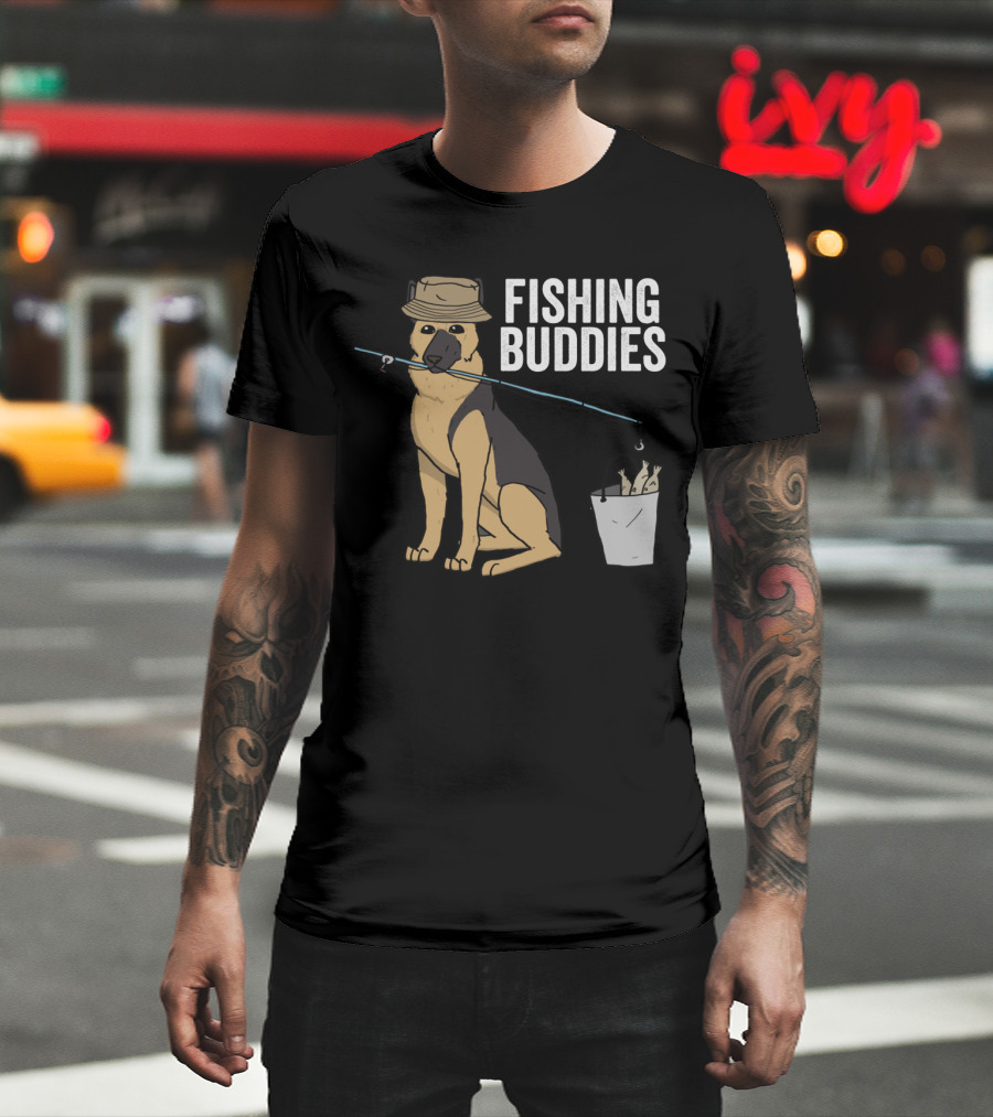Fishing Buddies German Shepherd Bucket And Fishing Rod T-Shirt