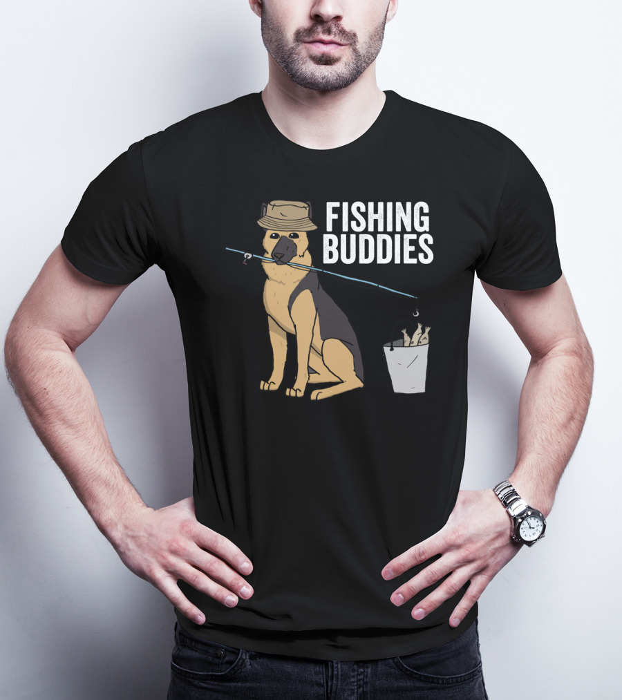 Fishing Buddies German Shepherd Bucket And Fishing Rod T-Shirt