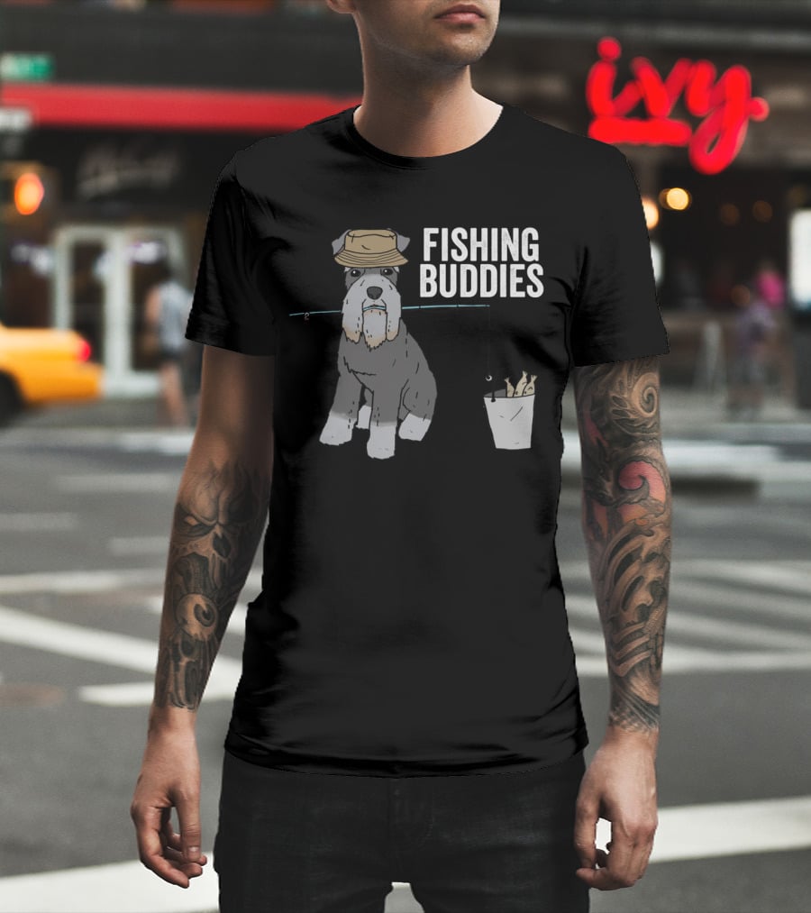 Schnauzer Dog Wearing Fishing Hat With Rod And Bucket - Fishing Buddies T-Shirt