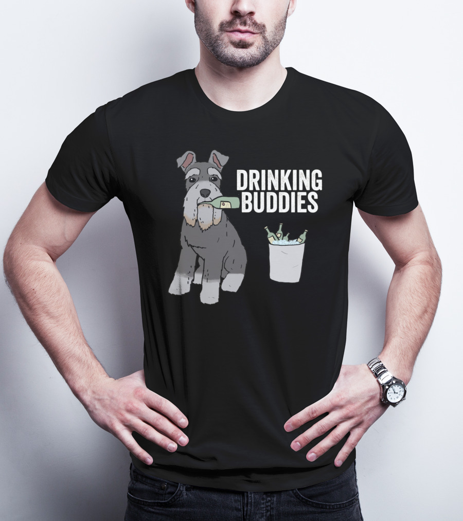 Schnauzer With Beer Bottle And Ice Bucket - Drinking Buddies T-Shirt