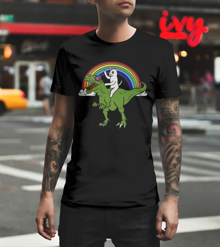 Bully Dinosaur Cat Riding T-Rex Rainbow Adventure T-Shirt