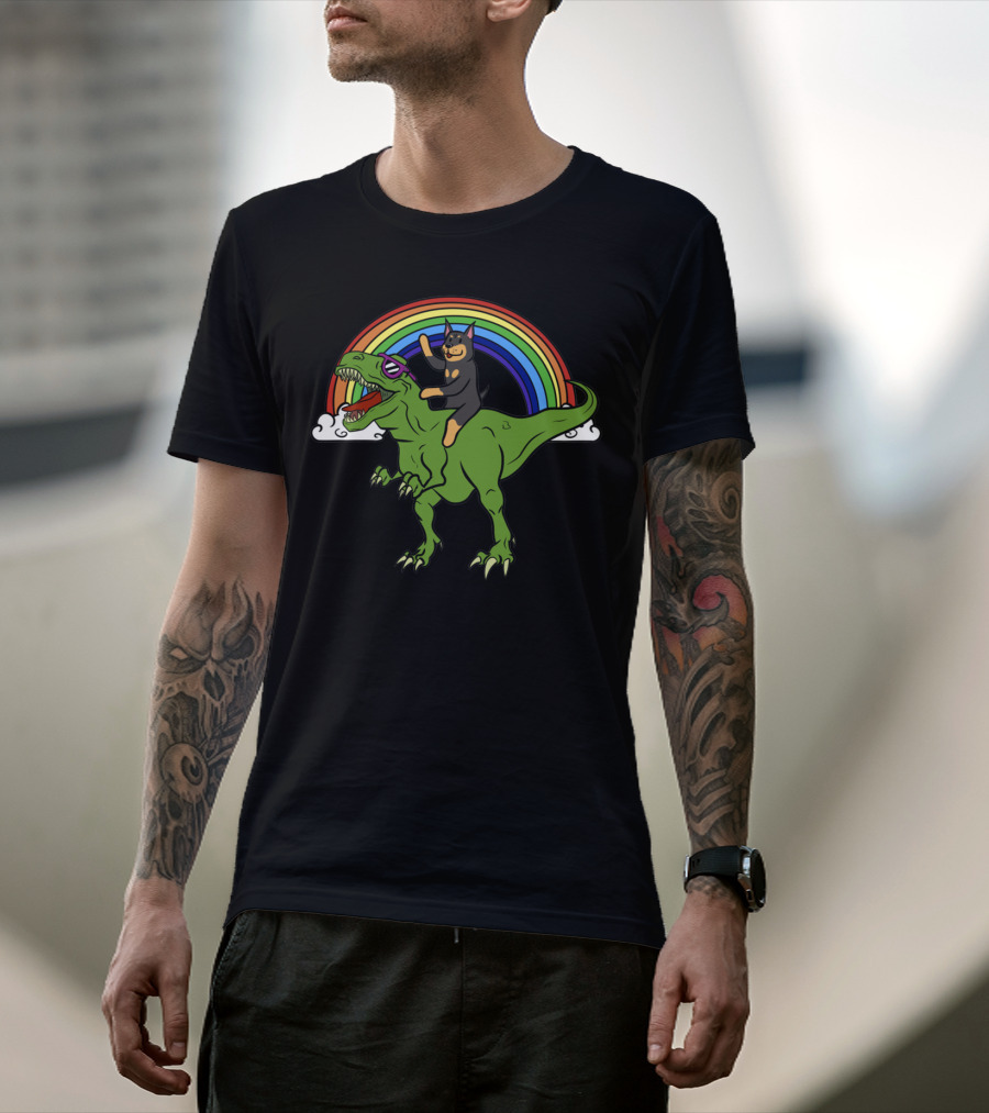Rainbow-Riding Doberman Dinosaur Adventure T-Shirt