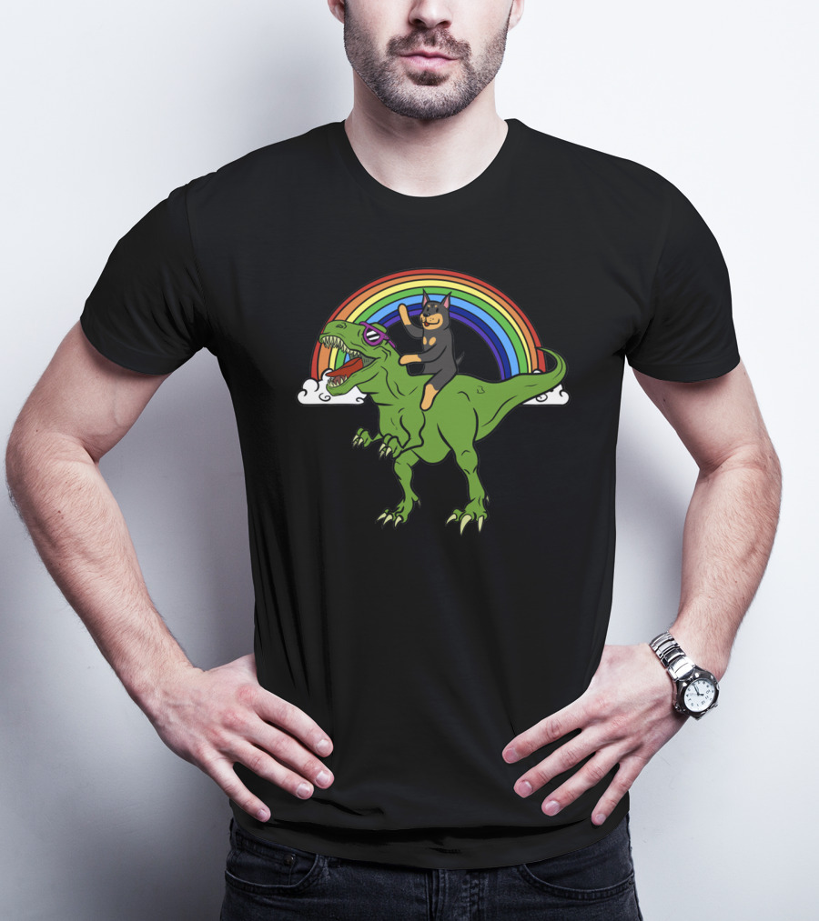 Rainbow-Riding Doberman Dinosaur Adventure T-Shirt
