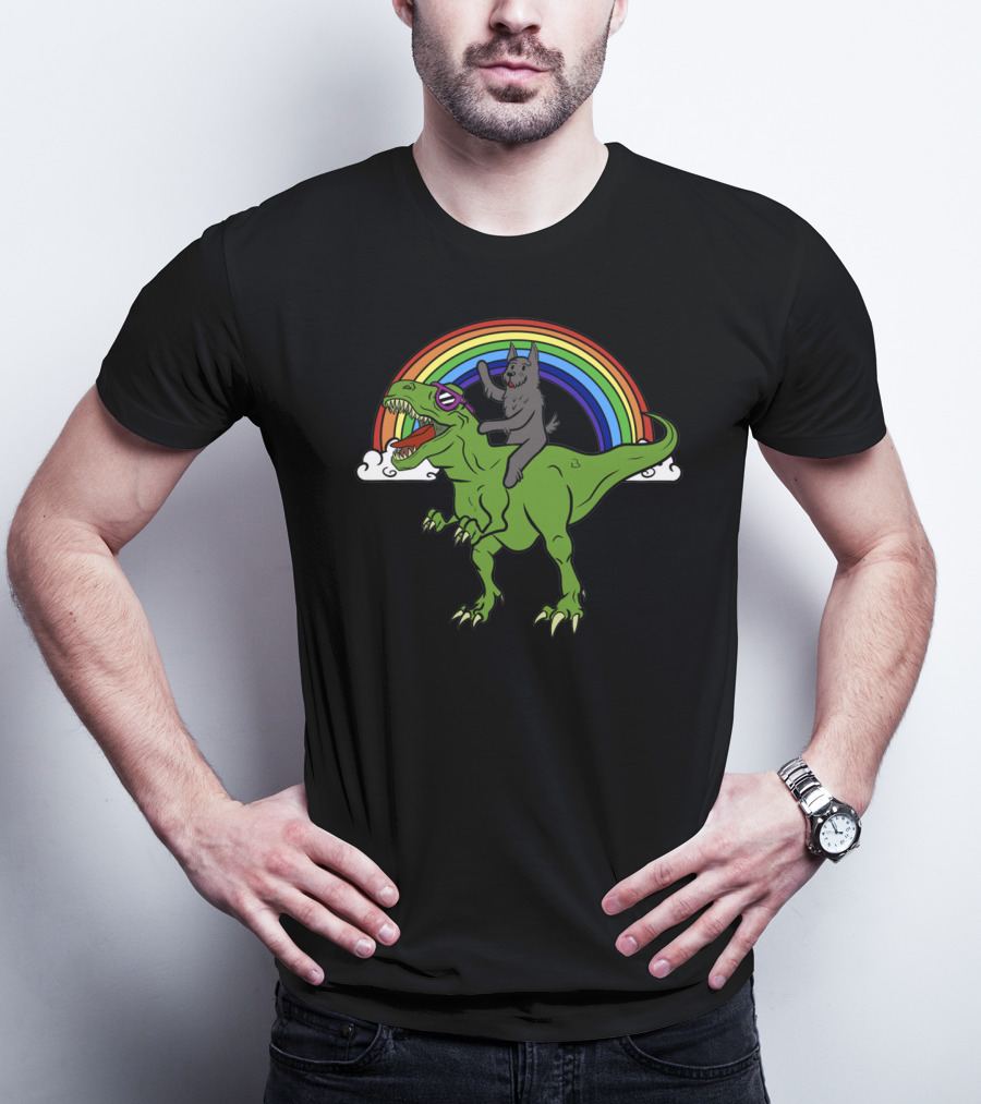 SCOTTIE DINOSAUR CAT RIDING T-REX T-Shirt