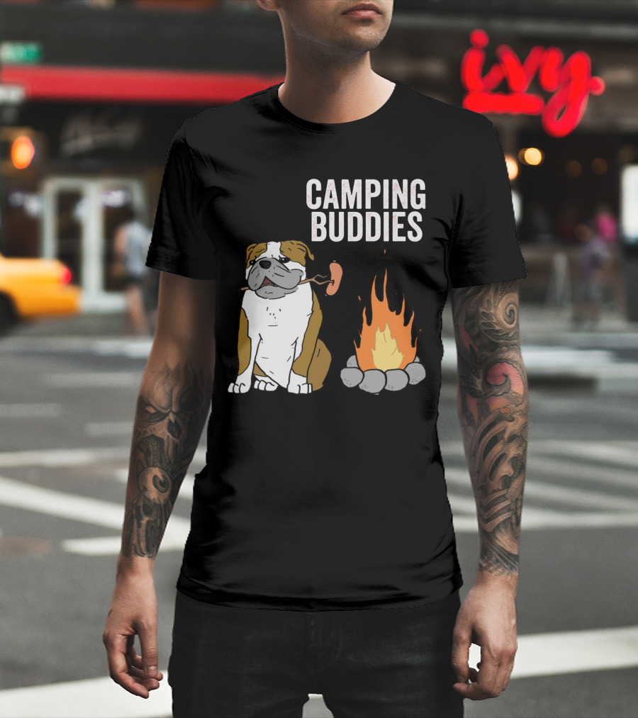 Bulldog Enjoying Campfire With Sausage And Camping Buddies T-Shirt