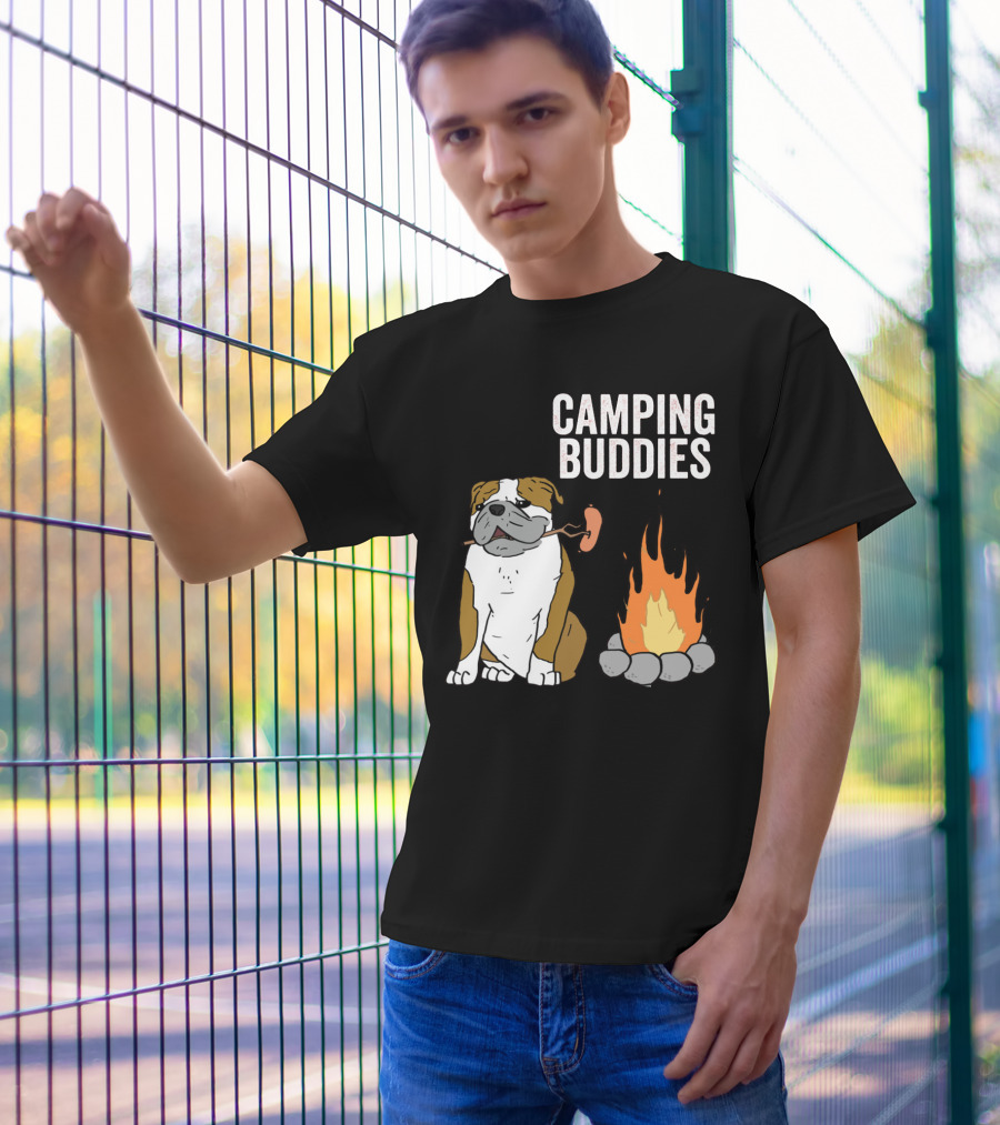 Bulldog Enjoying Campfire With Sausage And Camping Buddies T-Shirt
