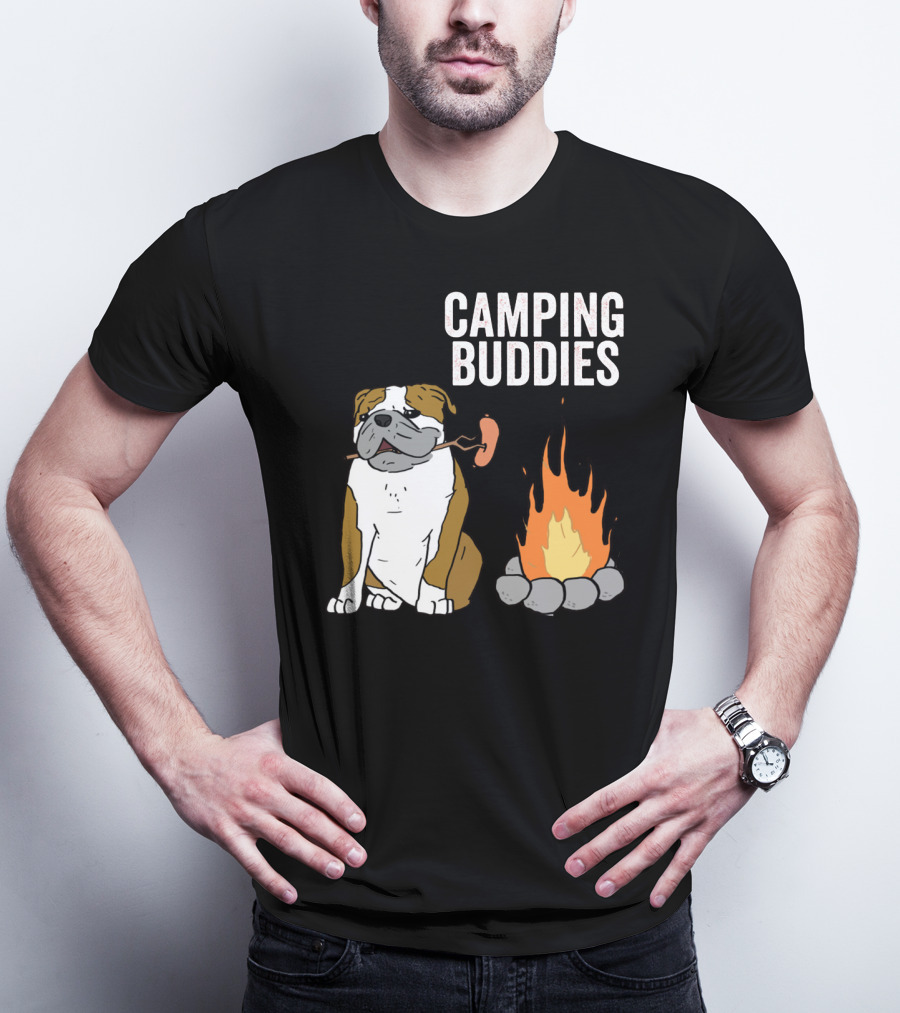 Bulldog Enjoying Campfire With Sausage And Camping Buddies T-Shirt