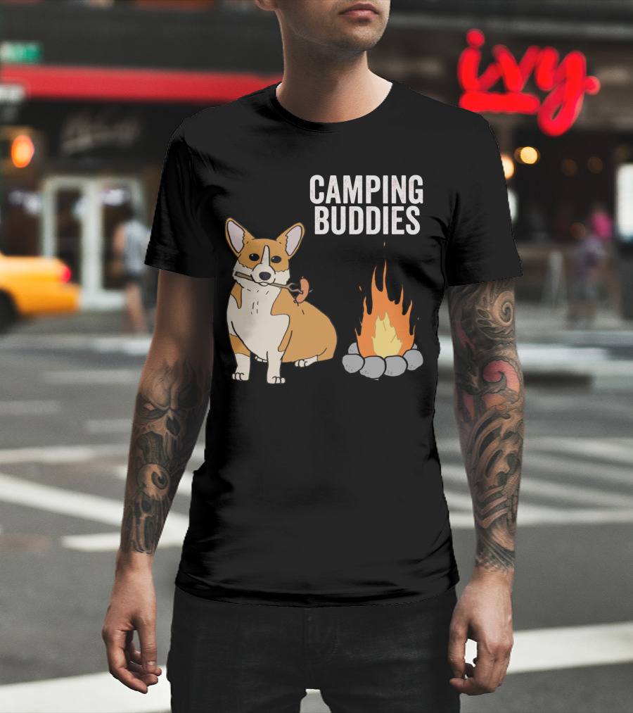 Corgi Roasting Marshmallow By Campfire - Camping Buddies Adventure T-Shirt