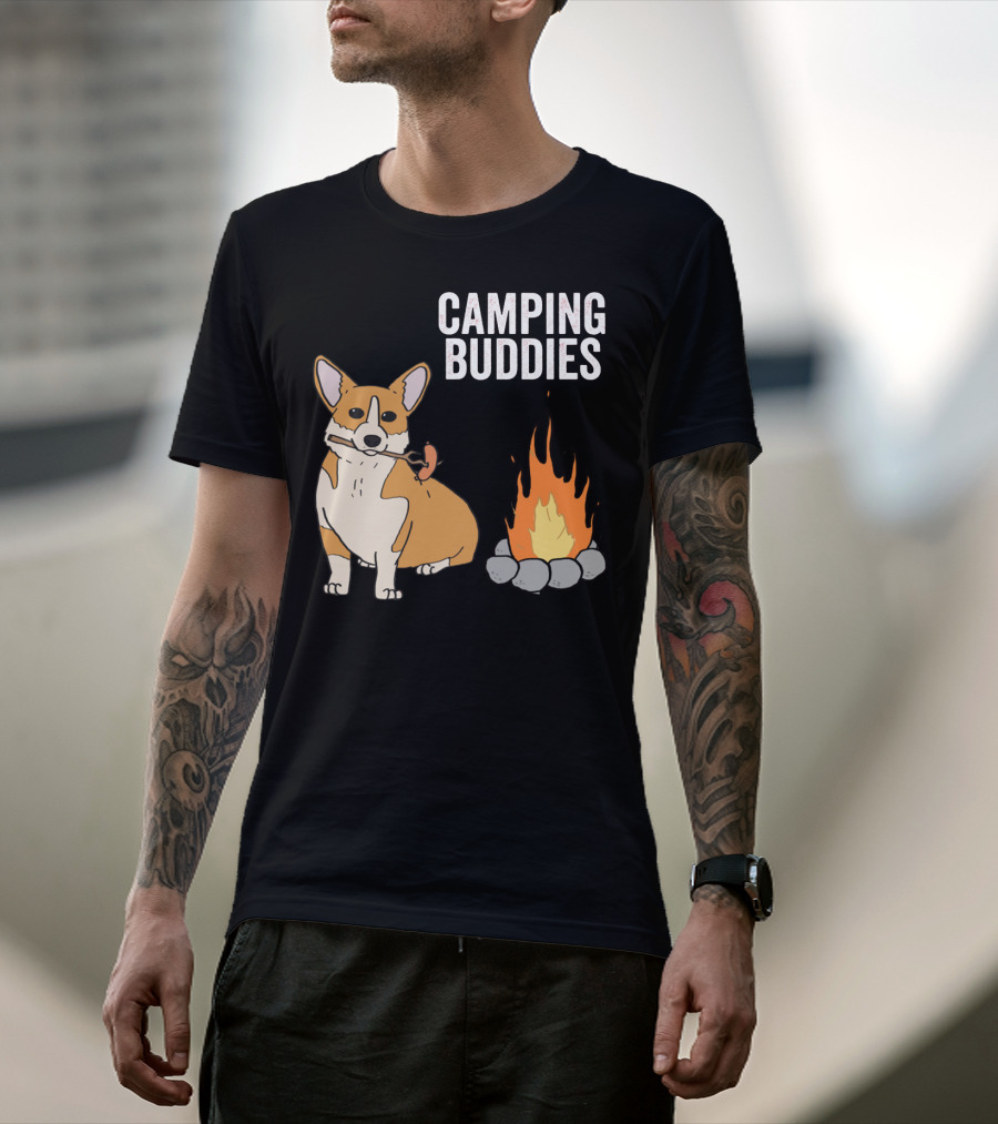 Corgi Roasting Marshmallow By Campfire - Camping Buddies Adventure T-Shirt