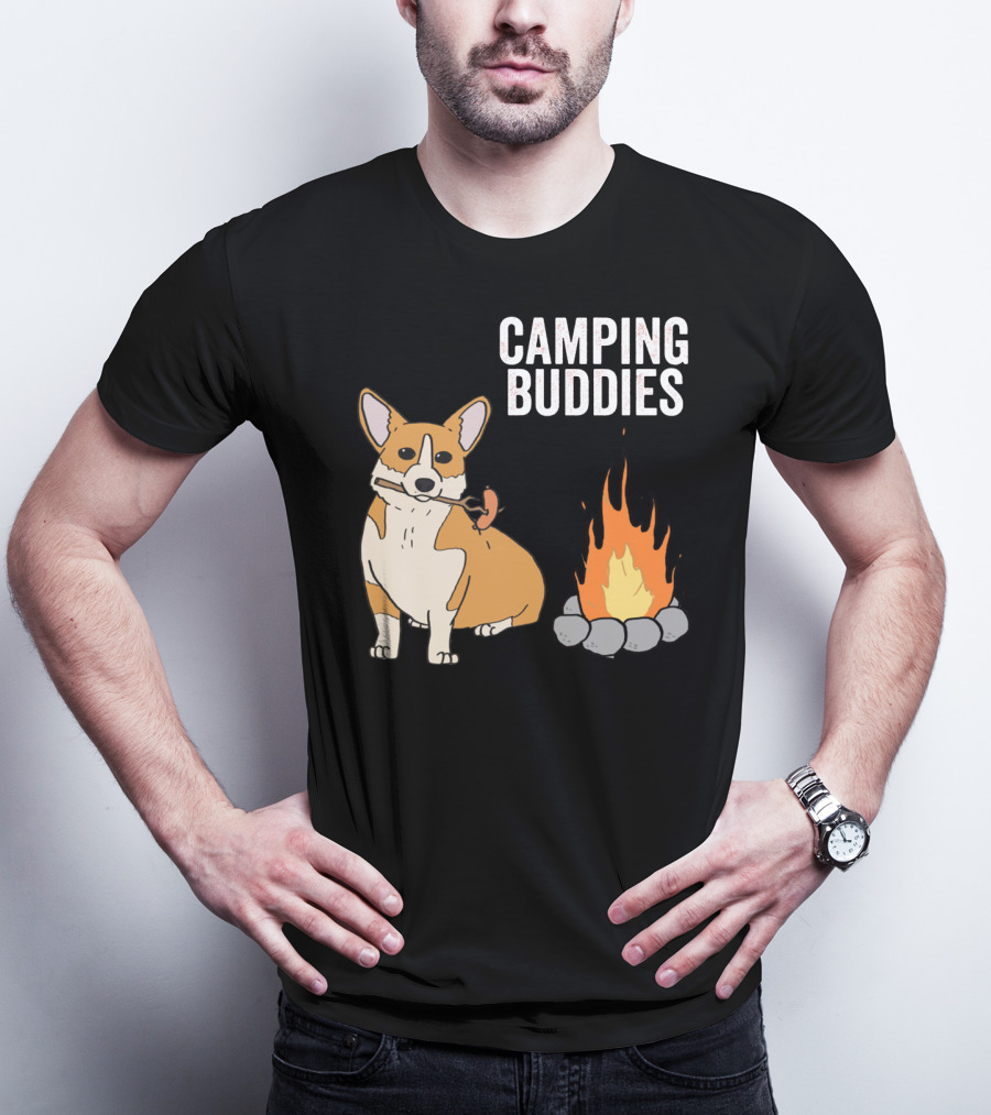 Corgi Roasting Marshmallow By Campfire - Camping Buddies Adventure T-Shirt