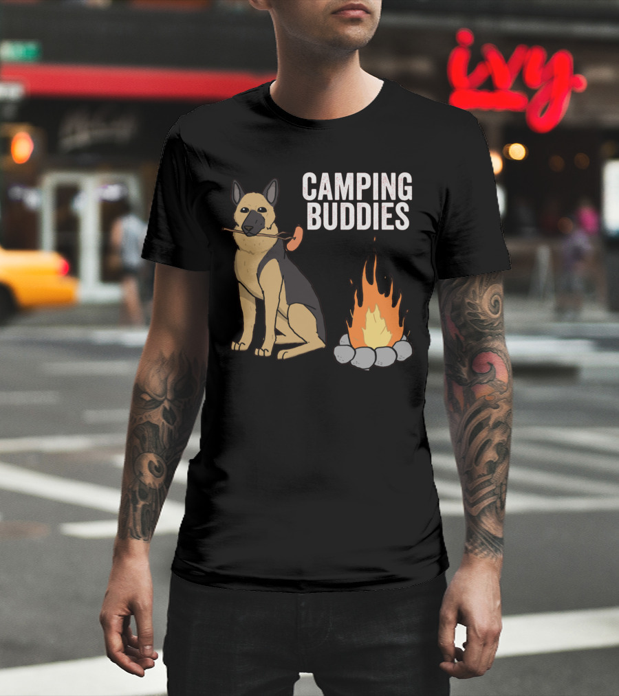 Camping Buddies German Shepherd Roasting By Campfire T-Shirt
