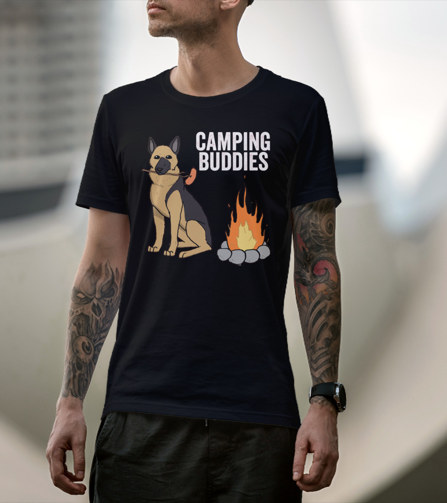 Camping Buddies German Shepherd Roasting By Campfire T-Shirt