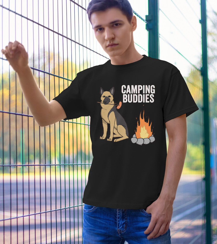 Camping Buddies German Shepherd Roasting By Campfire T-Shirt