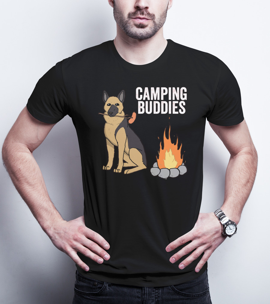 Camping Buddies German Shepherd Roasting By Campfire T-Shirt