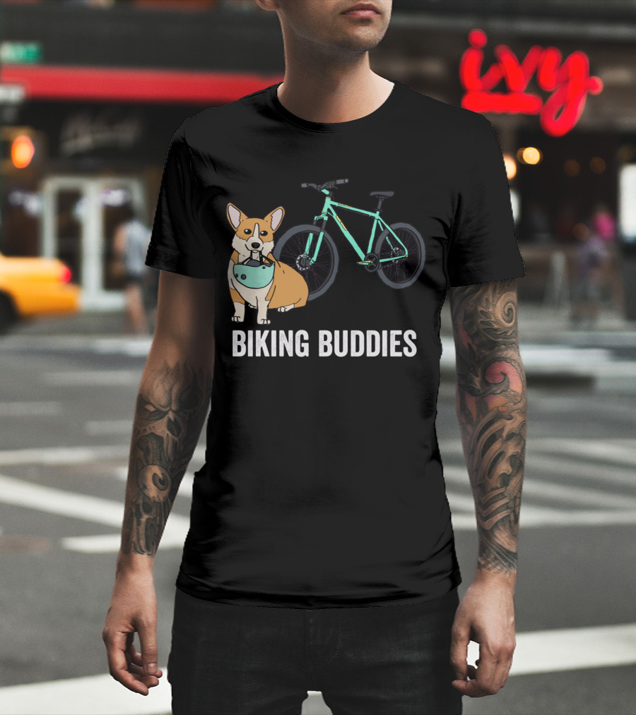 Corgi Biking Buddies With Bicycle Helmet And Mountain Bike T-Shirt