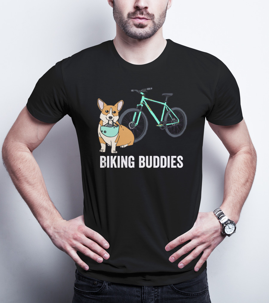 Corgi Biking Buddies With Bicycle Helmet And Mountain Bike T-Shirt