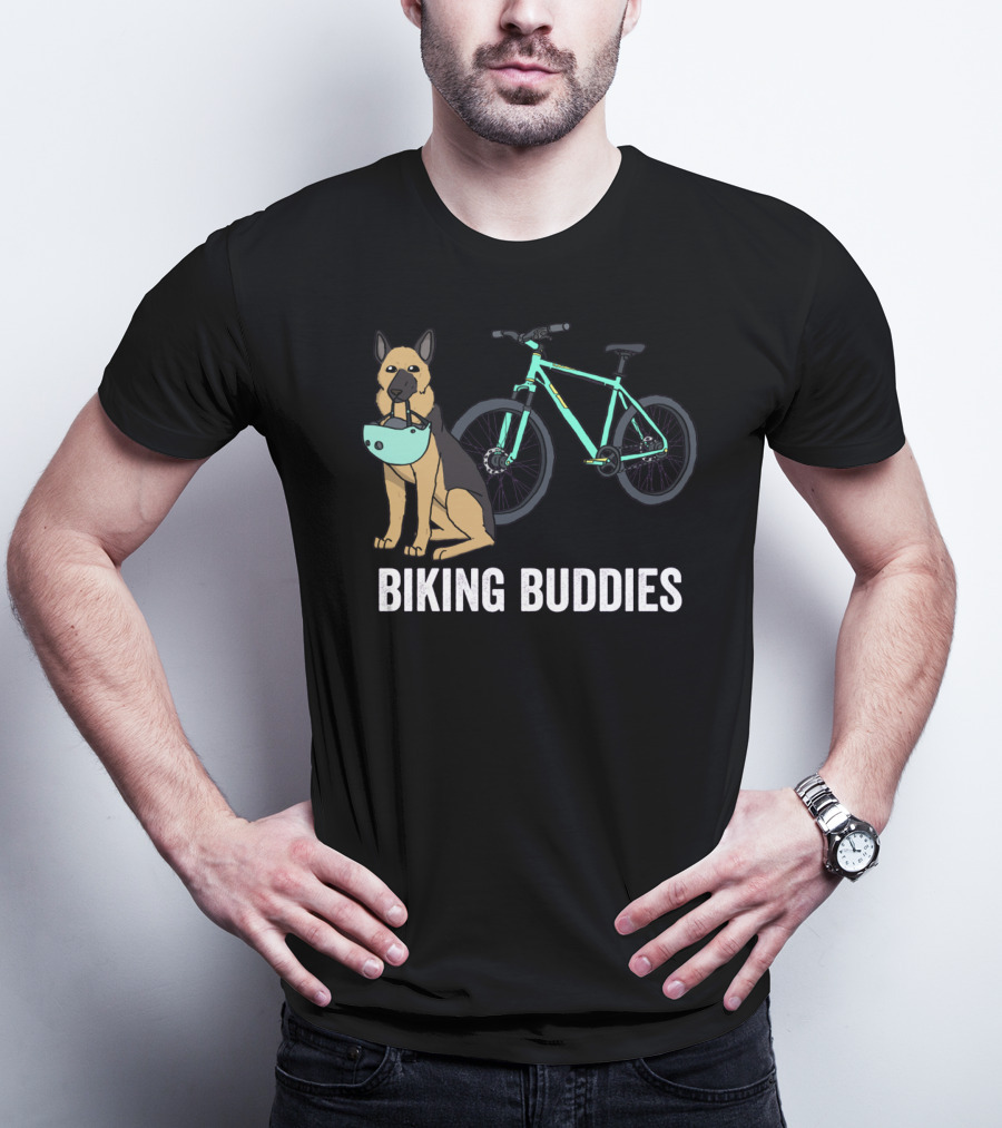 Biking Buddies German Shepherd With Bicycle Helmet And Bike T-Shirt