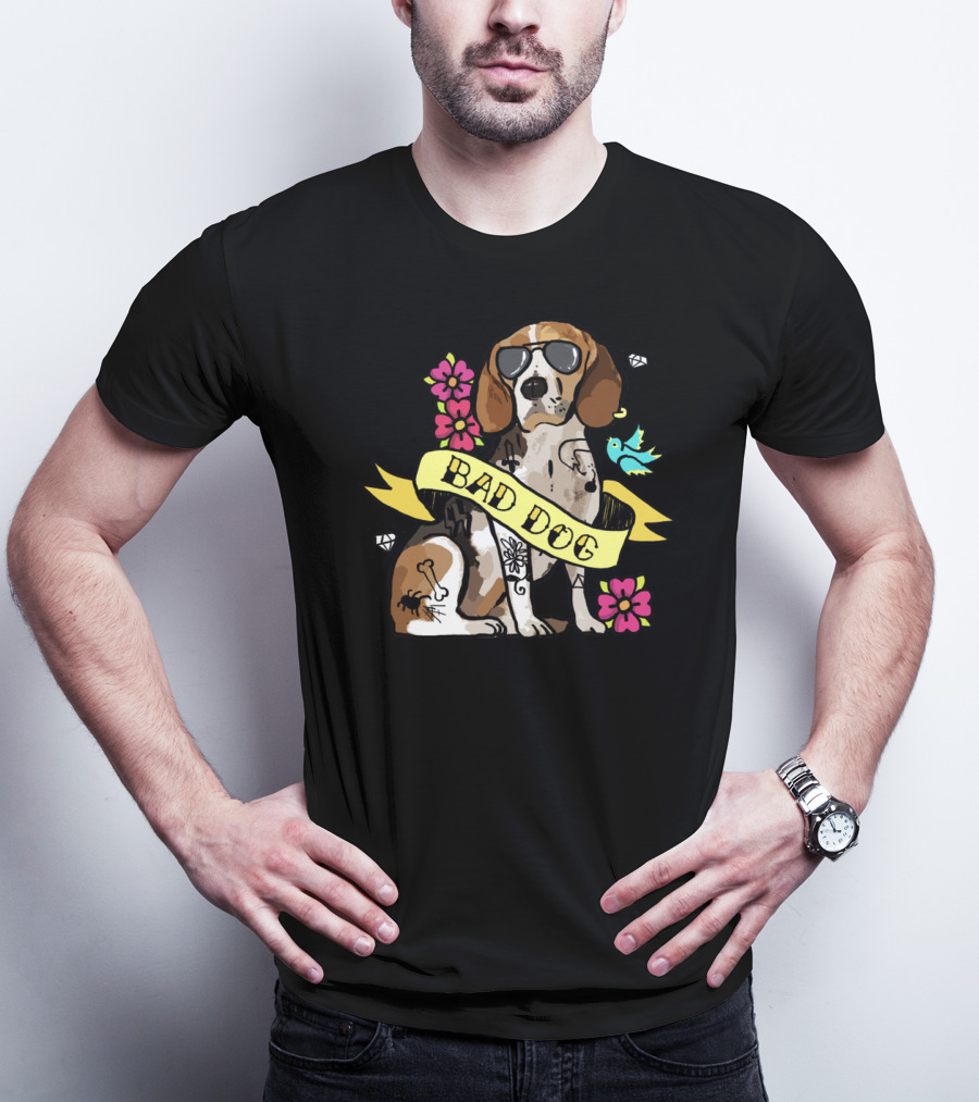 Bad Dog Beagle With Sunglasses And Tattoos Surrounded By Flowers And Bird T-Shirt