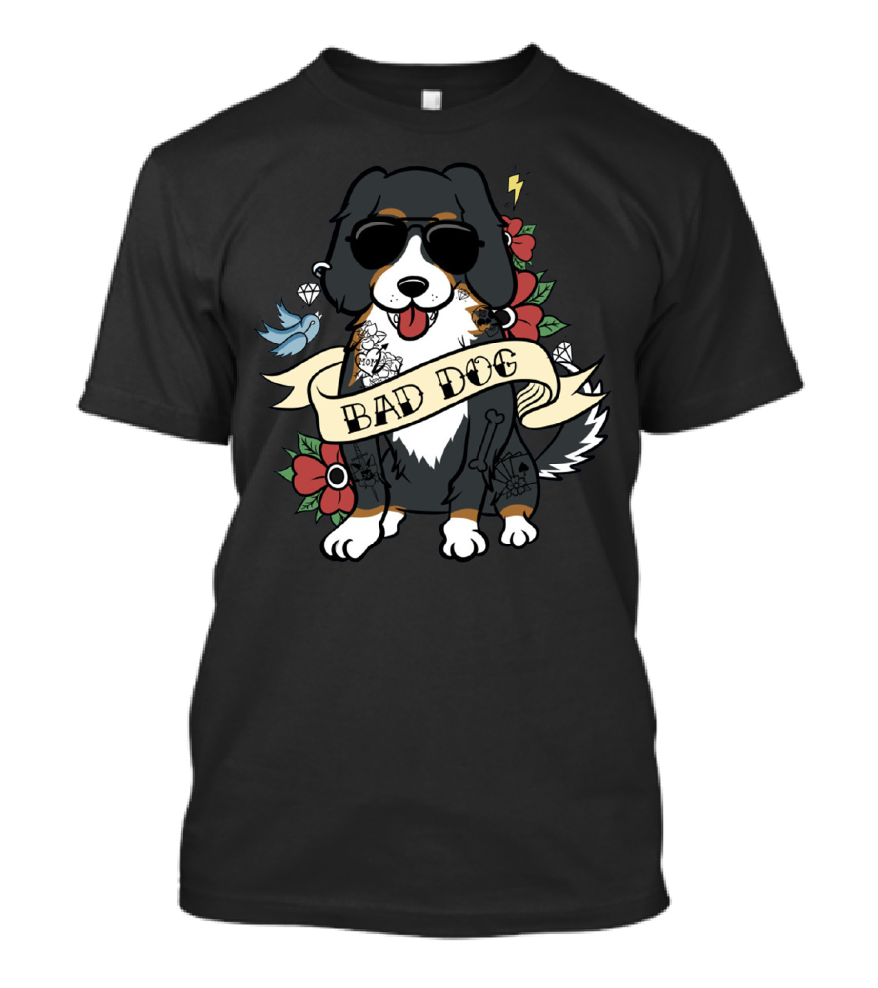 Bernese Mountain Bad Dog With Tattoos, Sunglasses, And Floral Accents T-Shirt