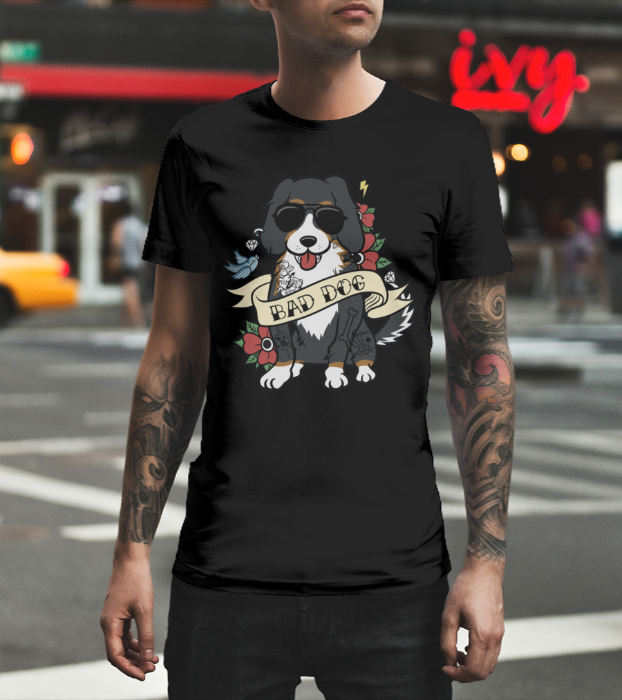 Bernese Mountain Bad Dog With Tattoos, Sunglasses, And Floral Accents T-Shirt