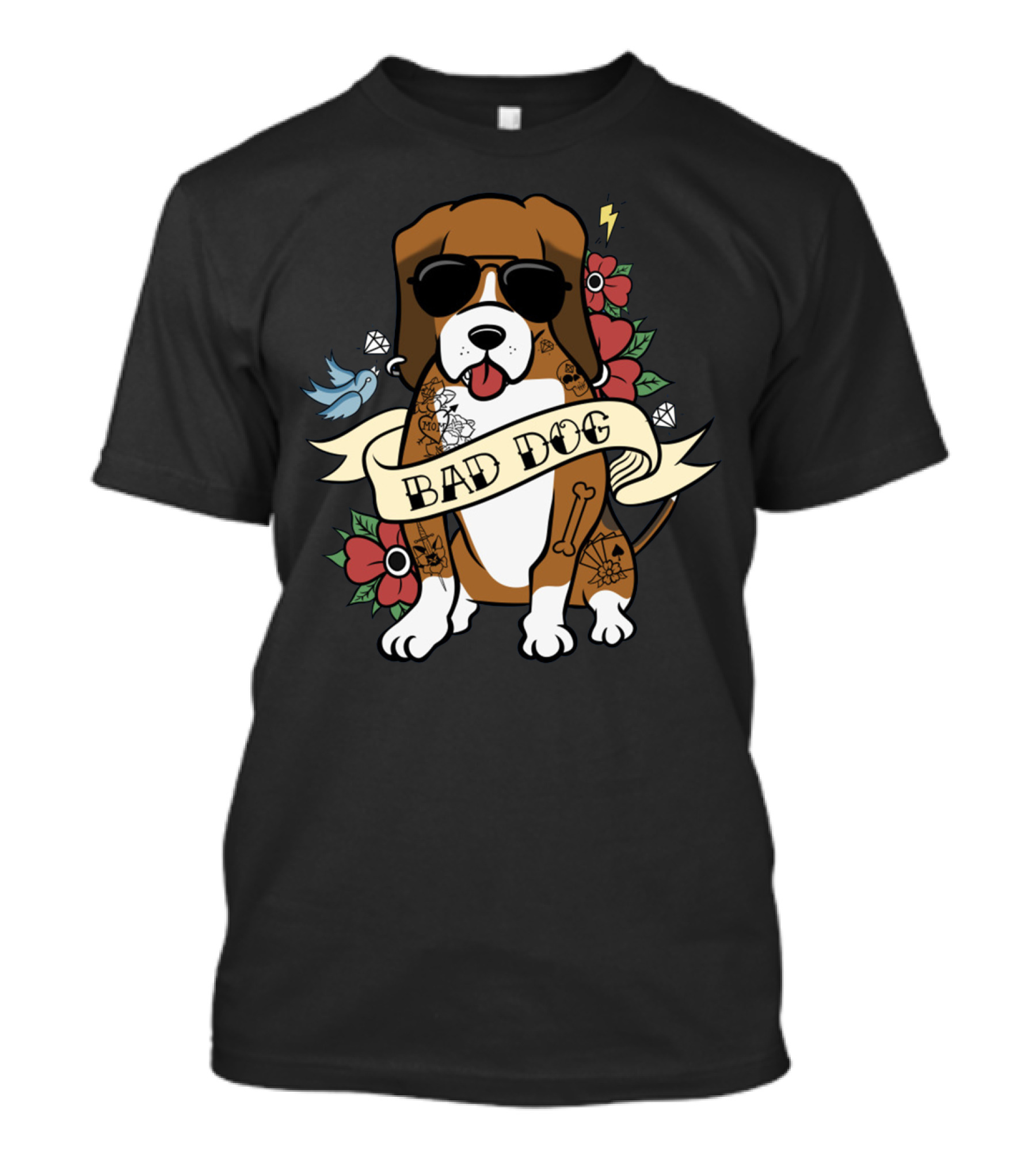 BAD DOG BASSET HOUND WITH SUNGLASSES AND TATTOO MOTIFS T-Shirt