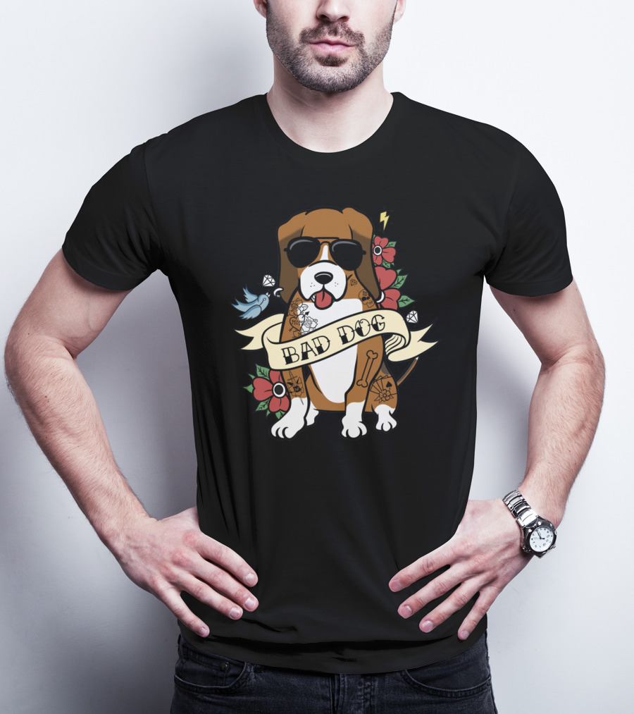 BAD DOG BASSET HOUND WITH SUNGLASSES AND TATTOO MOTIFS T-Shirt