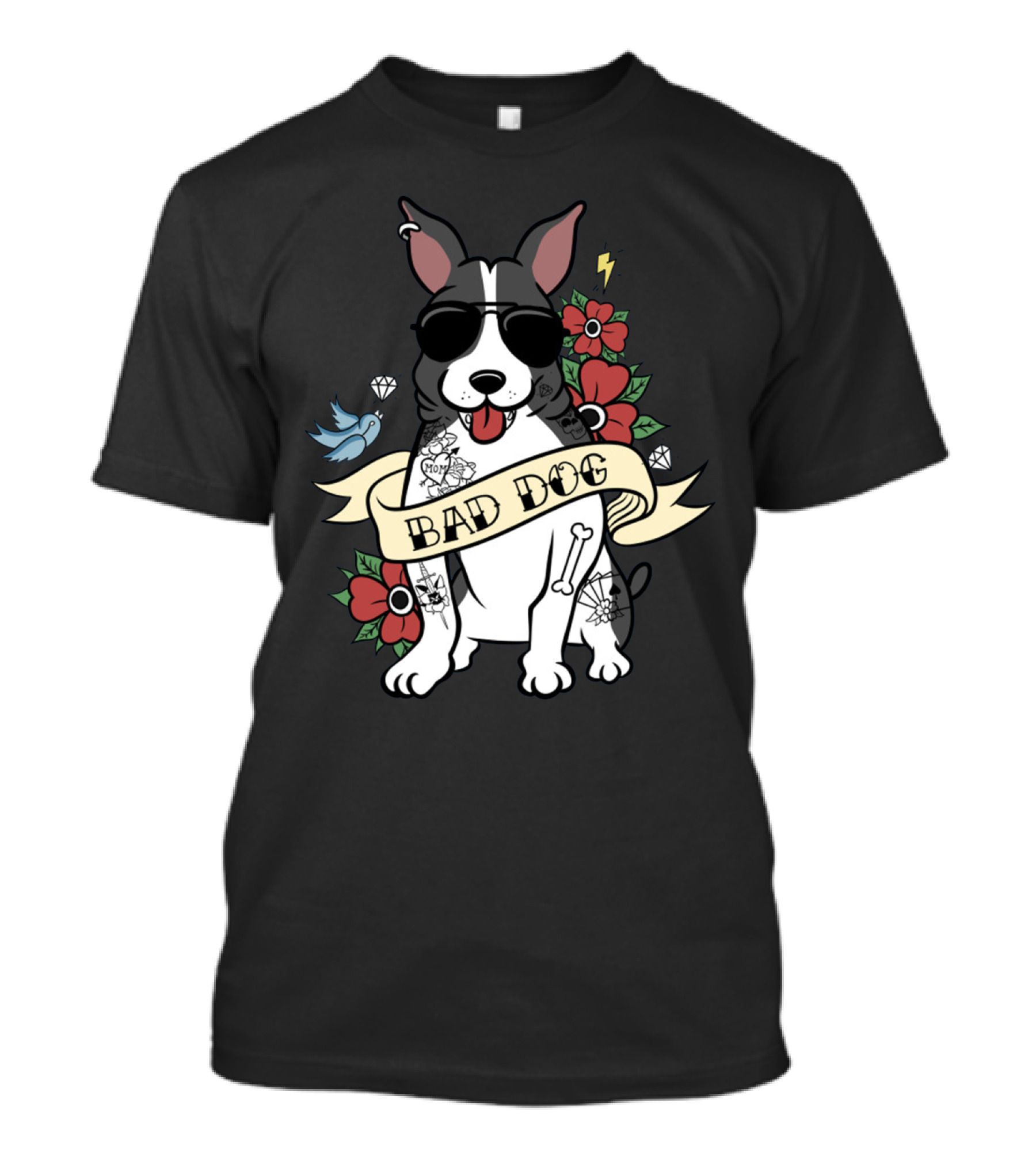 BAD DOG BOSTON TERRIER WITH TATTOOS AND SUNGLASSES FLORAL AND LIGHTNING T-Shirt