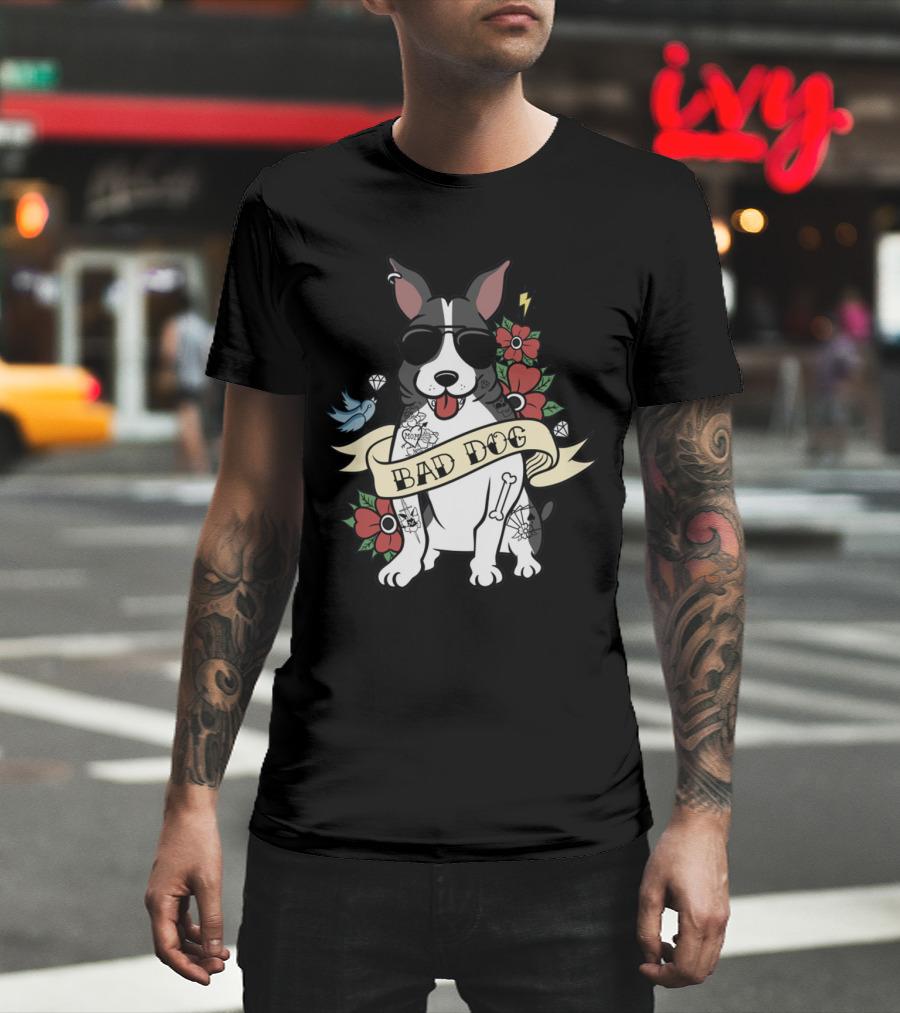 BAD DOG BOSTON TERRIER WITH TATTOOS AND SUNGLASSES FLORAL AND LIGHTNING T-Shirt
